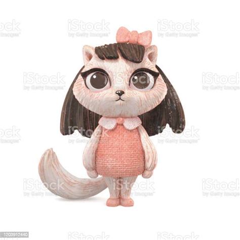 흰색 배경에 드레스에 긴 검은 머리와 작은 귀여운 소녀 키티의 3d 수채화 디지털 그림 3차원 형태에 대한 스톡 사진 및 기타