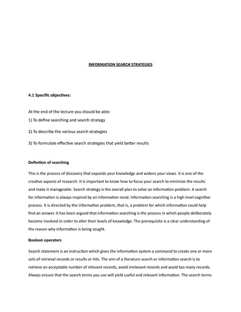 Information Search Strategies INFORMATION SEARCH STRATEGIES 4 Specific Objectives At The End