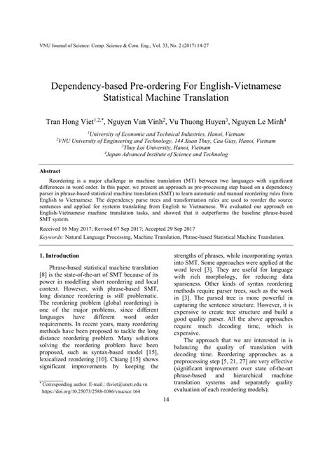 Pdf Dependency Based Pre Ordering For English Vietnamese Statistical