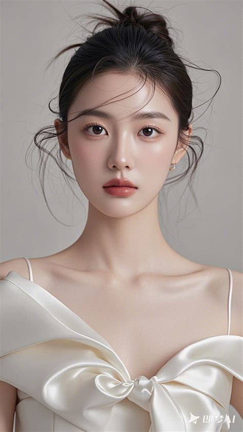 一位女孩，青春，高级感，人物肖像特写镜头，面部无遮挡，简约构图，浅色背景，简约高定礼服，高级摄影， 6