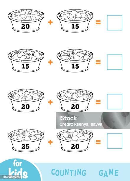 미취학 아동을위한 게임을 계산합니다 추가 흑백 워크 시트 과일 바구니 0명에 대한 스톡 벡터 아트 및 기타 이미지 0명