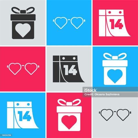 하트 하트 모양의 러브 안경 2월 14일 아이콘이 있는 캘린더가 있는 기프트 박스를 설정합니다 벡터 14에 대한 스톡 벡터 아트 및 기타 이미지 Istock
