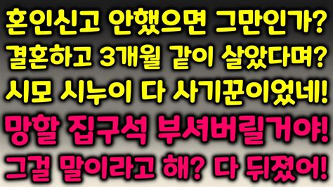 혼인신고 안했으면 그만인가 결혼하고 3개월 같이 살았다며 시모 시누이 다 사기꾼이었네 망할 집구석 그걸 말이라고해 다