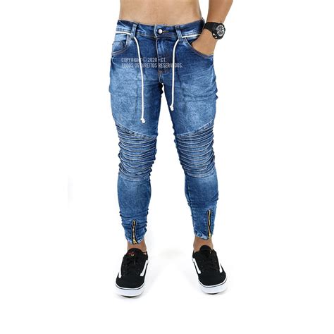 Calça Masculina Jeans Sarja Skinny Slim Rasgada Zíper Lycra Azul 108