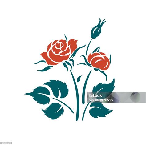나뭇잎과 새싹이 있는 장미 실루엣입니다 꽃 스텐실 벡터 일러스트 레이 션 0명에 대한 스톡 벡터 아트 및 기타 이미지 0명