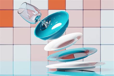 깨끗한 접시 세트 안경 안경이 다른 방향으로 흩어져 있습니다 3d 그림 현실적인 그릇 접힌 주방 용품 세라믹 접시 더미 프리미엄 사진