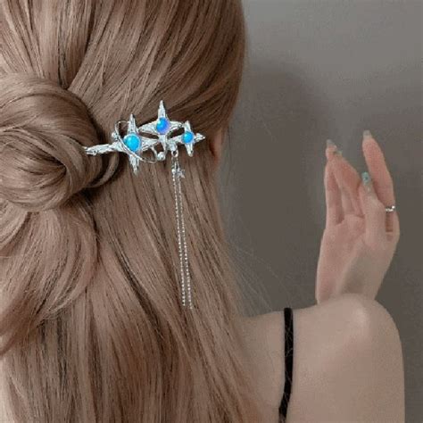 델리아 당일출고 스페이스 블루 메탈 비녀 오팔 샤이닝 데일리 키치 볼드 디자인 헤어 머리 장식 핀 위시버킷