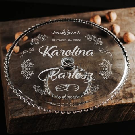 Szklana Patera na Ciasto Tort z Grawerem Prezent na Ślub dla Pary