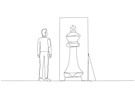 거울 앞에 서 있는 사업가의 만화는 긍정적인 사고 방식의 내부 킹 체스 조각 개념을 보고 있습니다 단일 라인 아트 스타일