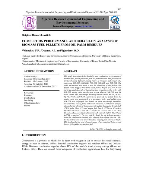 Pdf Combustion Performance And Durability Analysis Of Biomass Fuel Pellets From Oil Palm