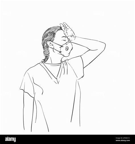Young Woman In Medical Face Mask Holding Hand On Her Forehead Vector