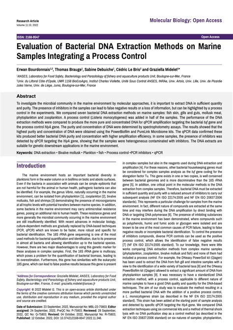 Pdf Molecular Biology Open Access Evaluation Of Bacterial Dna Extraction Methods On Marine