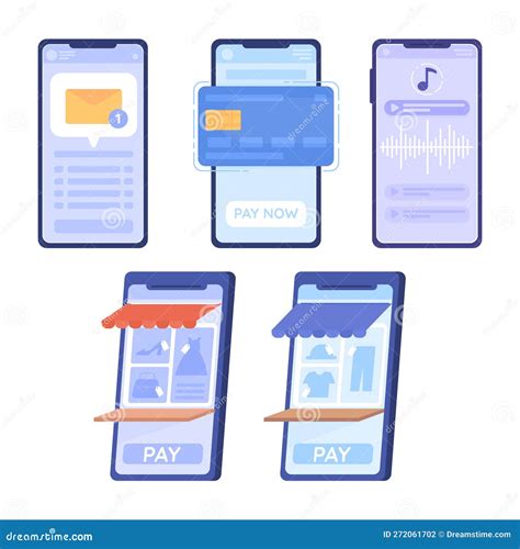 Mobile Phone Screens With Applications Flat Concept Vector Spot Illustration Bundle Stock Vector