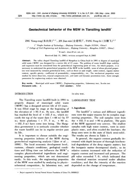 Geotechnical Behavior Of The Msw In Tianziling Landfill Pdf