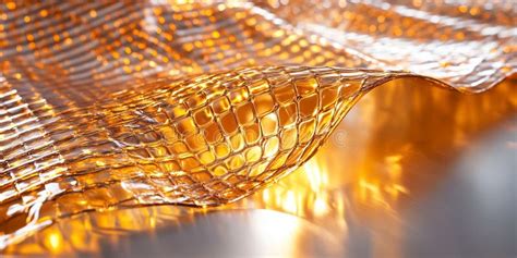 Translucent Amber Mesh Fabric Flows Gracefully Across A Reflective Surface Highlighting