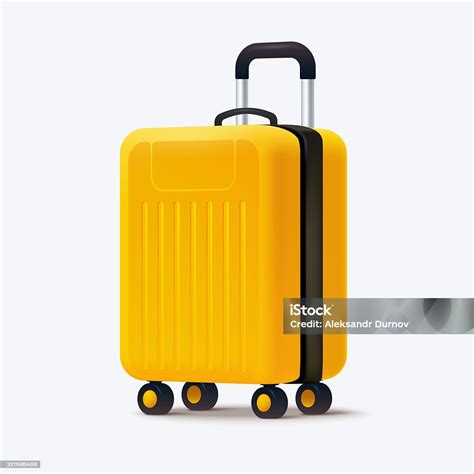 흰색에 격리 된 바퀴가있는 노란색 여행 가방 3d 스타일의 여행 수하물 그림 여행 관련 디자인 블로그 홍보 자료에 이상적입니다 벡터 Eps 10 3차원 형태에 대한 스톡