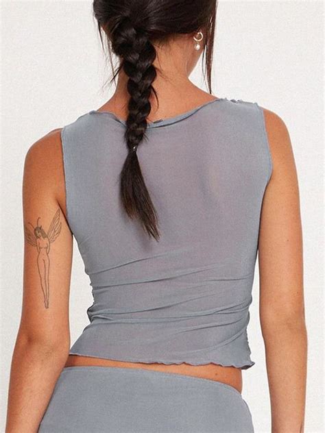 Emmiol Free Shipping 2023 Mesh Stitching Asymmetric Lace Up Tank Top