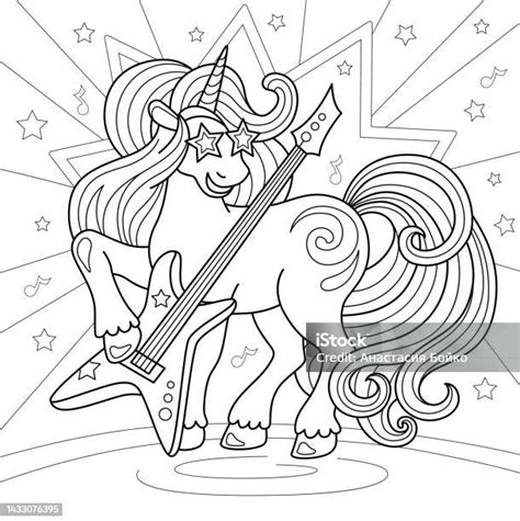 유니콘이 일렉트릭 기타를 연주합니다 기타 악기와 함께 록 유니콘 디스코 스타일의 만화 캐릭터 어린이를위한 색칠 공부 책 템플릿 인쇄 낙서 윤곽선 벡터 일러스트레이션 디스코