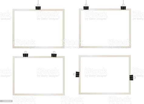 바인더 클립의 베이지 색 직사각형 사진 프레임 세트입니다 벡터 3d 사실적입니다 디자인 포트폴리오 소셜 미디어 또는 브랜딩을 위한 모형 흰색 배경에 빈 템플릿입니다 4 개의