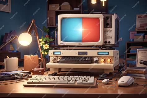 Premium Ai Image Retro Computer On Desk Arrangement
