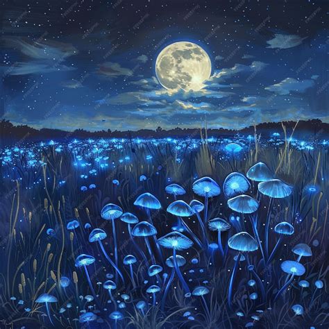 Full Moon Illuminating A Field Of Bioluminescent Mushrooms Premium Ai