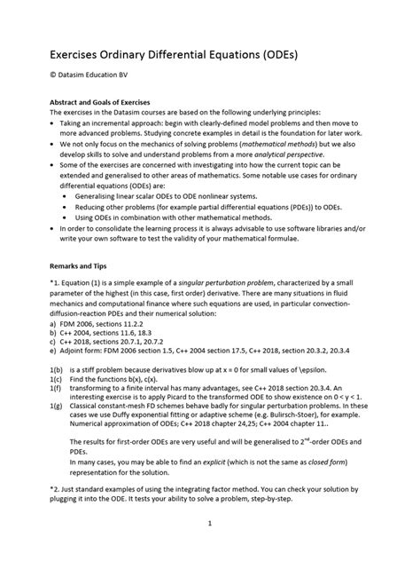 01 Exercises Ordinary Differential Equations Odes Pdf Partial