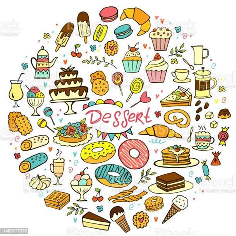 흰색 배경에 화려한 낙서 과자 음식 세트 벡터 그림입니다 케이크 비스킷 베이킹 쿠키 도넛 아이스크림 마카롱 커피 디저트 메뉴나