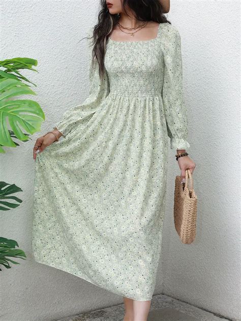 Ditsy Floral Print Dress Elegant Shirred High Waist Lantern Temu Denmark