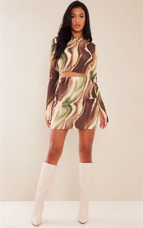 Tall Multi Swirl Print Long Sleeve Plisse Crop Top Tall