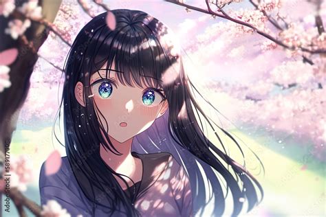 A Cute Surprised Black Haired Anime Girl Under The Blooming Sakura Ai