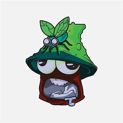 플라이 캐릭터 마스코트 일러스트가 있는 버섯 프리미엄 벡터