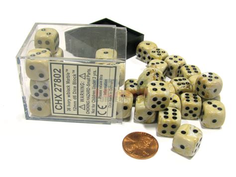 Marble 12mm D6 Chessex Dice Block 36 Dice Ivory With Black Pips