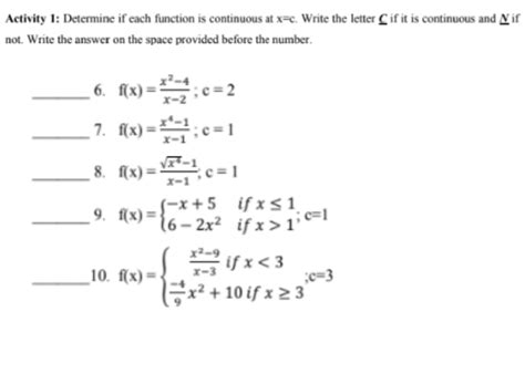 Solved Activity 1 Determime If Each Function Is Continuous Calculus