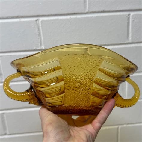 Retro Vintage Amber Glass Bowl Pink Peacock