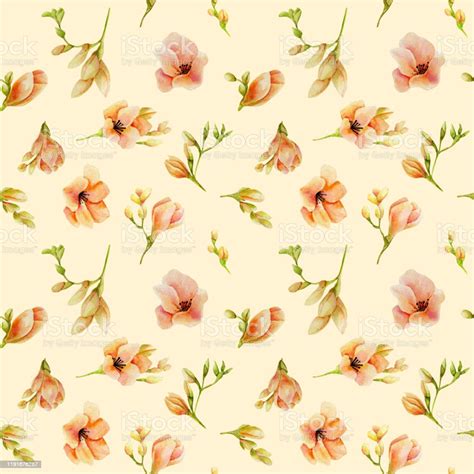 수채화 복숭아 Freesia 꽃 원활한 패턴 분홍색 배경에 그려진 손 결혼식에 대한 스톡 벡터 아트 및 기타 이미지 결혼식