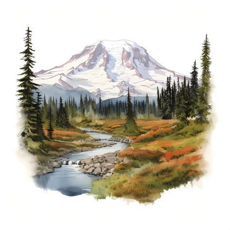 Mount Rainier National Park Watercolor Sketch Art Mount Rainier Printable Sketch Art Card