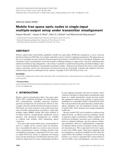 Pdf Mobile Free Space Optic Nodes In Single‐input Multiple‐output Setup Under Transmitter