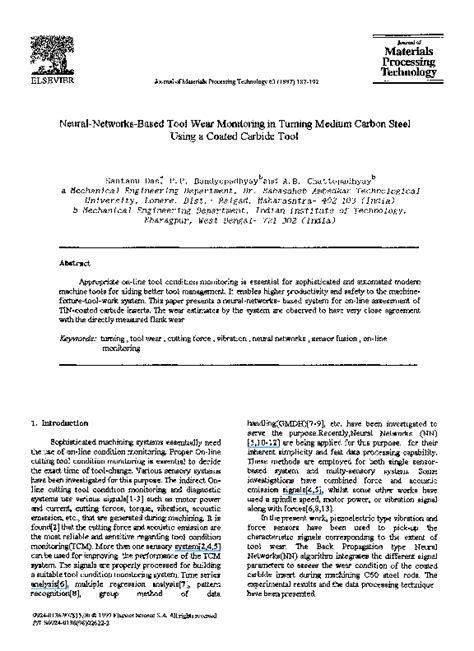 Pdf Neural Networks Based Tool Wear Monitoring In Turning Medium Carbon Steel Using A Coated