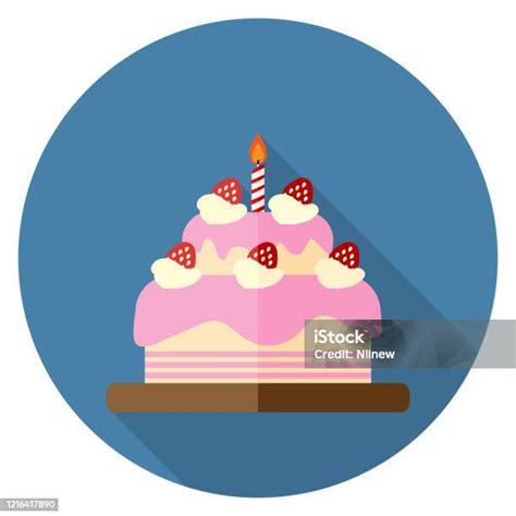 둥근 모양의 파란색 배경에 딸기 생일 케이크 아이콘 평면 디자인의 벡터 그림입니다 하나의 촛불생일 축하 케이크 생일 축하 카드