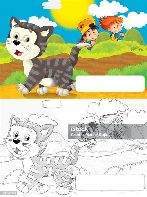 고양이가 농장에서 즐거운 시간을 보내는 만화 장면 아이들을 위한 삽화 가축에 대한 스톡 벡터 아트 및 기타 이미지 가축