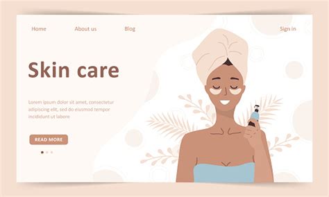 스킨 케어 컨셉 방문 페이지 템플릿입니다 여자는 얼굴에 대한 화장품 스파 절차를 수행합니다 아침 루틴 목욕 시간 눈 패치와 크림