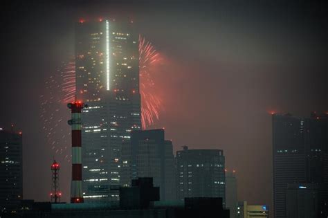 Yokohama Landmark Tower And Fireworks Twilight Sparkling Premium