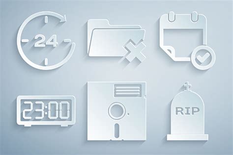 525 인치의 플로피 디스크 체크 표시가있는 달력 디지털 알람 시계 삭제 된 삭제 폴더 시계 24 시간 아이콘을 설정합니다 벡터 24에 대한 스톡 벡터 아트 및 기타 이미지