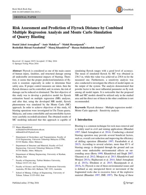 Risk Assessment And Prediction Of Flyrock Distance By Combined Multiple Regression Analysis And