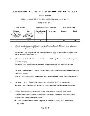 DBMS Lab Manual CS DATABASE MANAGEMENT SYSTEMS LABORATORY L T P C COURSE