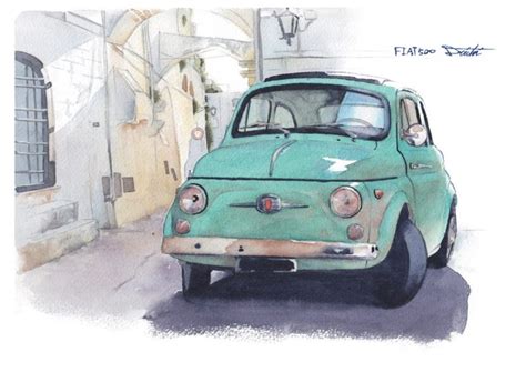 車の水彩イラスト コサカのアトリエ 車 イラスト 水彩イラスト フィアット500
