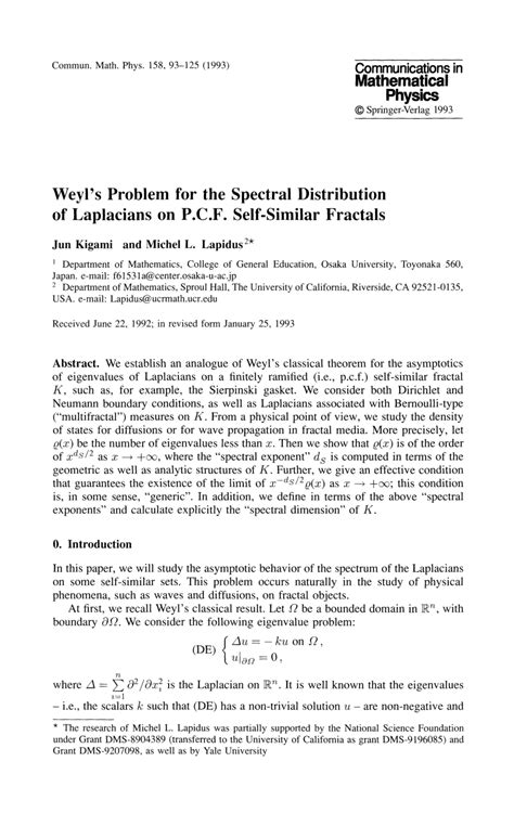 Pdf Weyls Problem For The Spectral Distribution Of Laplacians On Pcf Self Similar Fractals