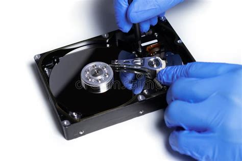 Repair Hard Disk Hands Of Master In Gloves With Screwdriver Repair The Computer Hard Drive