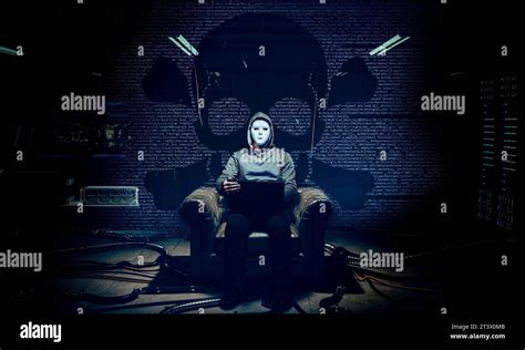 Portrait Of Hacker With White Mask And Background With Code And Skull Stock Photo Alamy