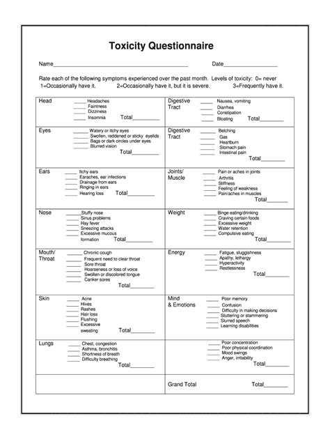 Fillable Online Toxicity Questionnaire Universal Wellness Associates